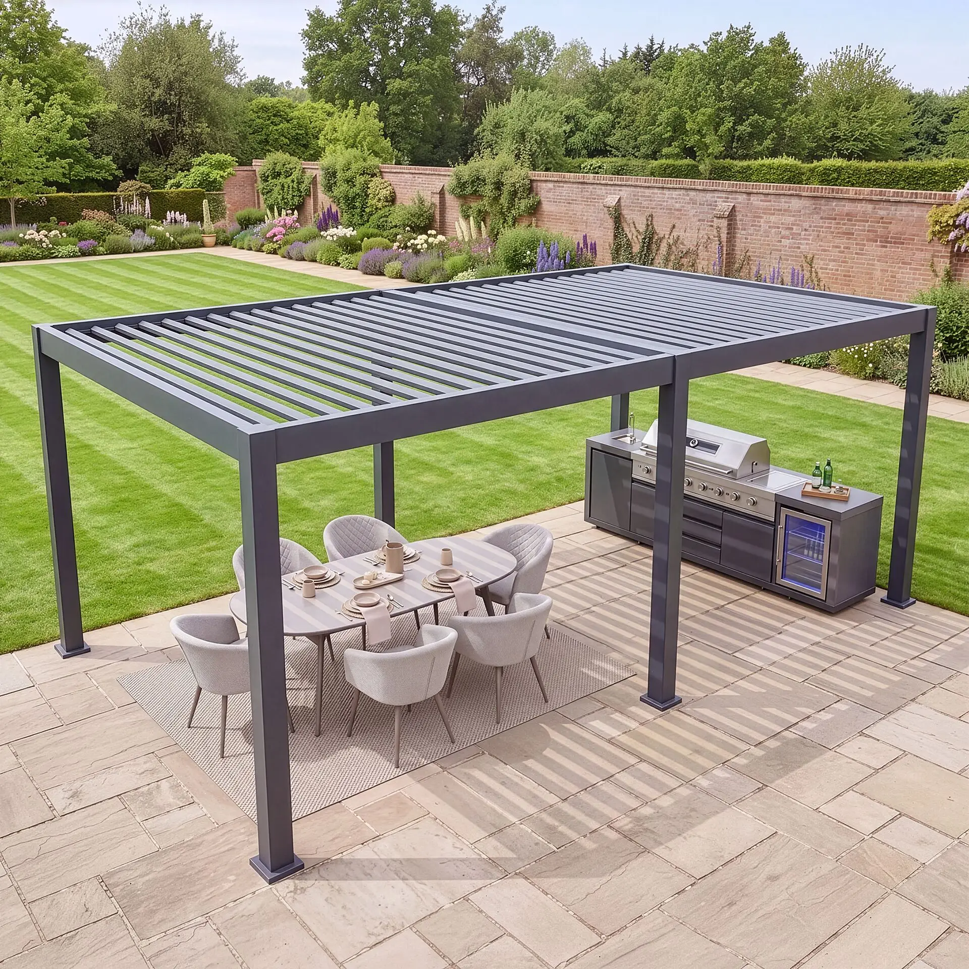 Eden 8m x 3m Aluminium Metal Pergola - LED Lights & Motorised Roof