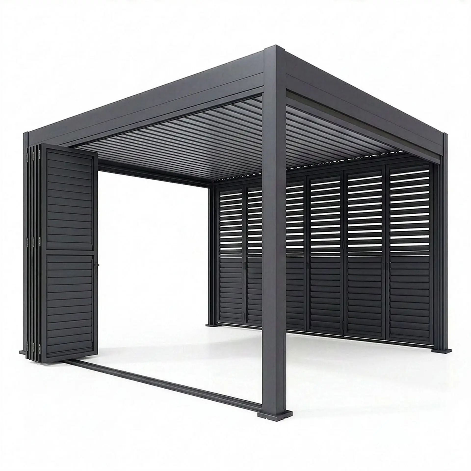 Eden 4m x 4m Aluminium Metal Pergola - Bi-Folding Louvre Doors & Blinds