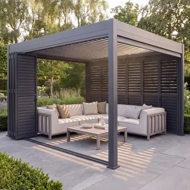 Eden 3m x 4m Aluminium Metal Pergola - Bi-Folding Louvre Doors & Blinds
